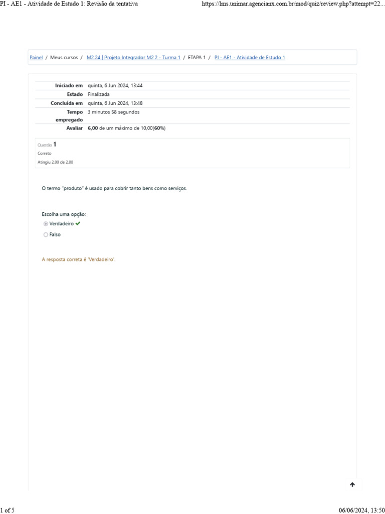 PI - AE1 - Atividade de Estudo 1 Projeto Integrador | PDF
