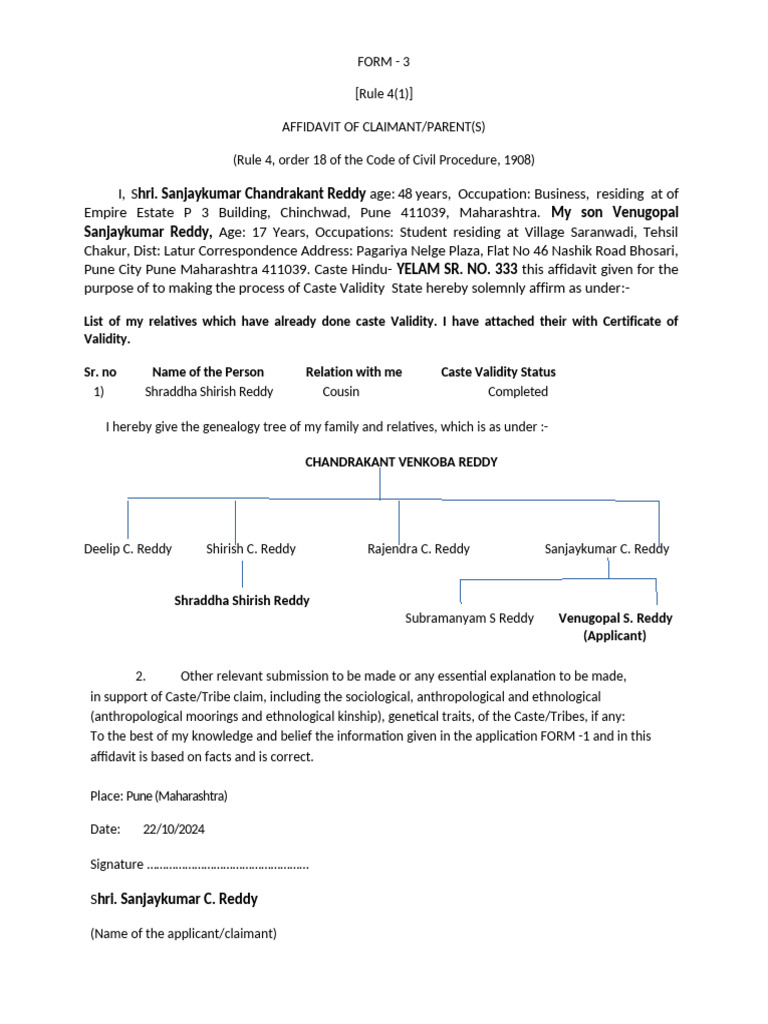 Caste Validity Affidavit Form 3 | PDF