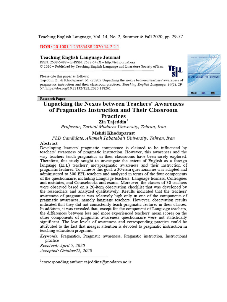 3 Unpacking The Nexus Between Teachers' Awareness of Pragmatics Instructions and Their Classroom ...
