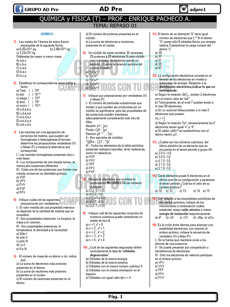Repaso 01 - Química y Física (T) | PDF | Orbital atómico | Química