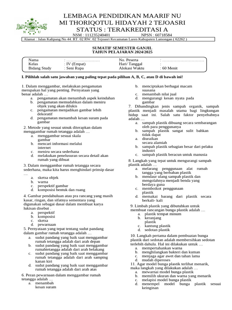 SOAL SAS SENI RUPA KELAS 4 | PDF