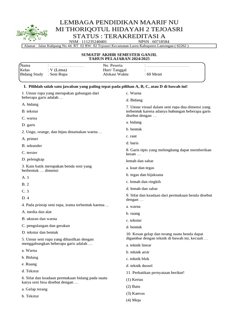 SOAL SAS SENI RUPA KELAS 5 | PDF