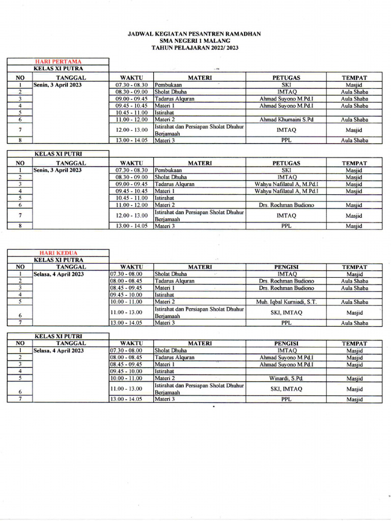 Jadwal Kelas XI | PDF