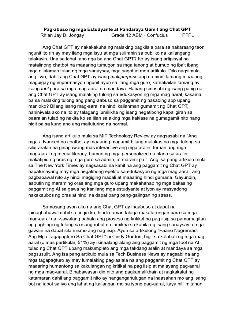 Pag-Abuso NG Mga Estudyante at Pandaraya Gamit Ang Chat GPT | PDF