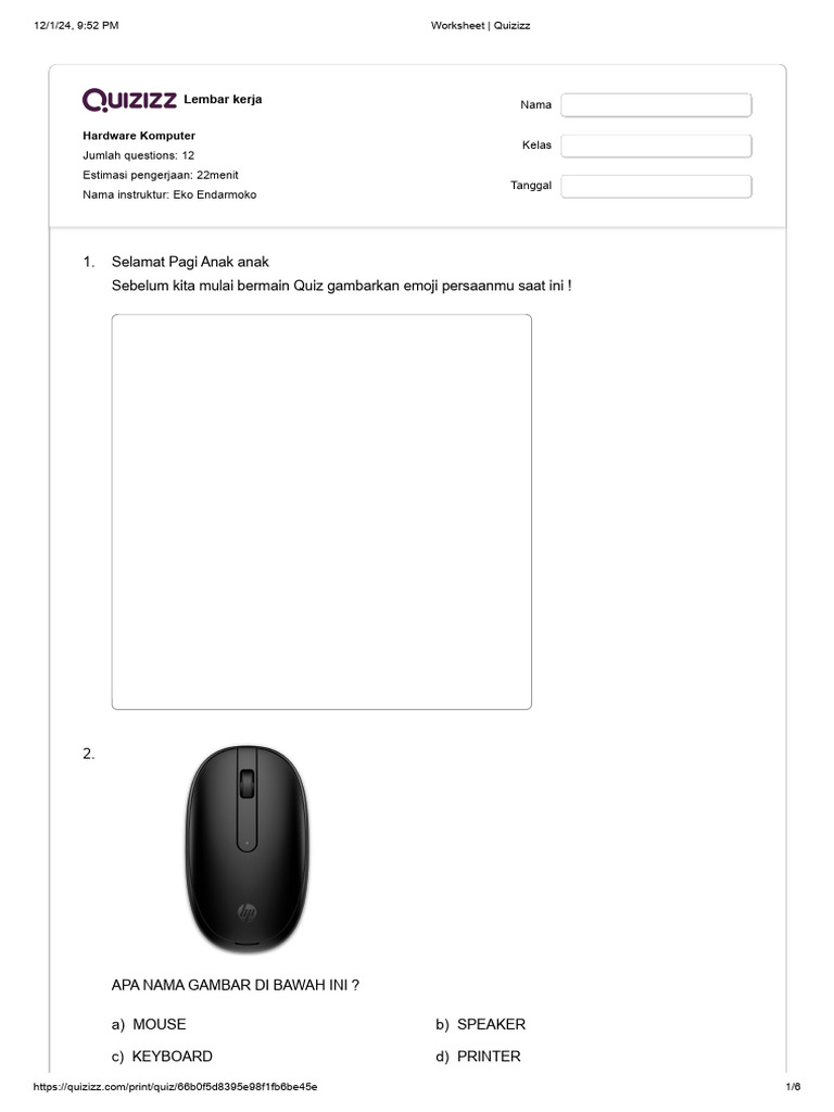Worksheet - Quizizz | PDF