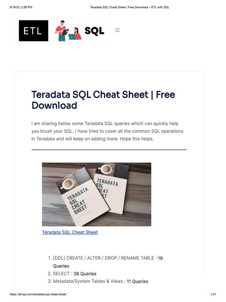 Teradata SQL Cheat Sheet _ Free Download – ETL with SQL | PDF | Table ... Teradata SQL Cheat Sheet _ Free Download – ETL with SQL | PDF | Table ...