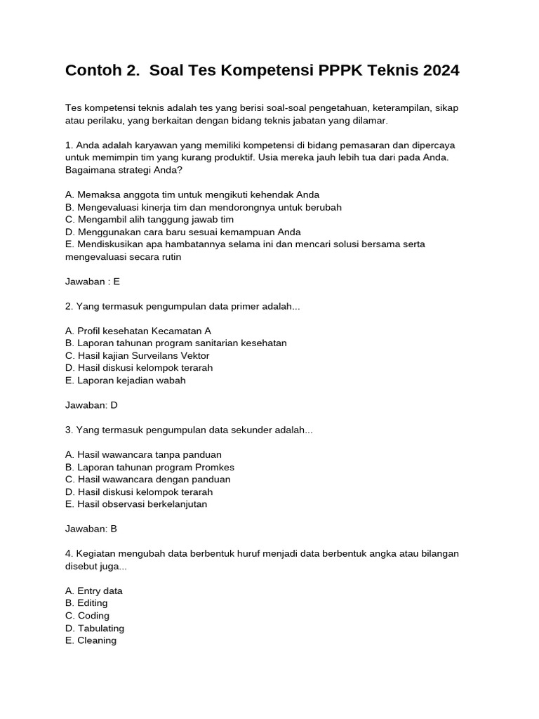Contoh 2 Soal Tes Kompetensi PPPK Teknis 2024 | PDF
