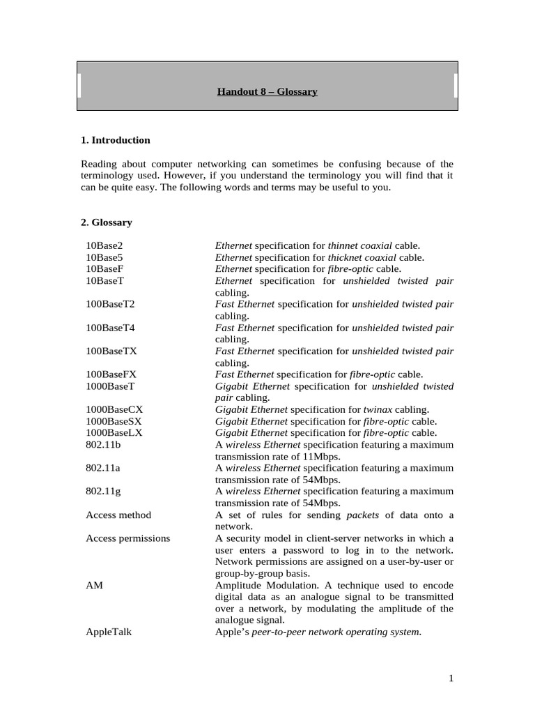 Handout 8 - Glossary | PDF | Computer Network | Network Topology