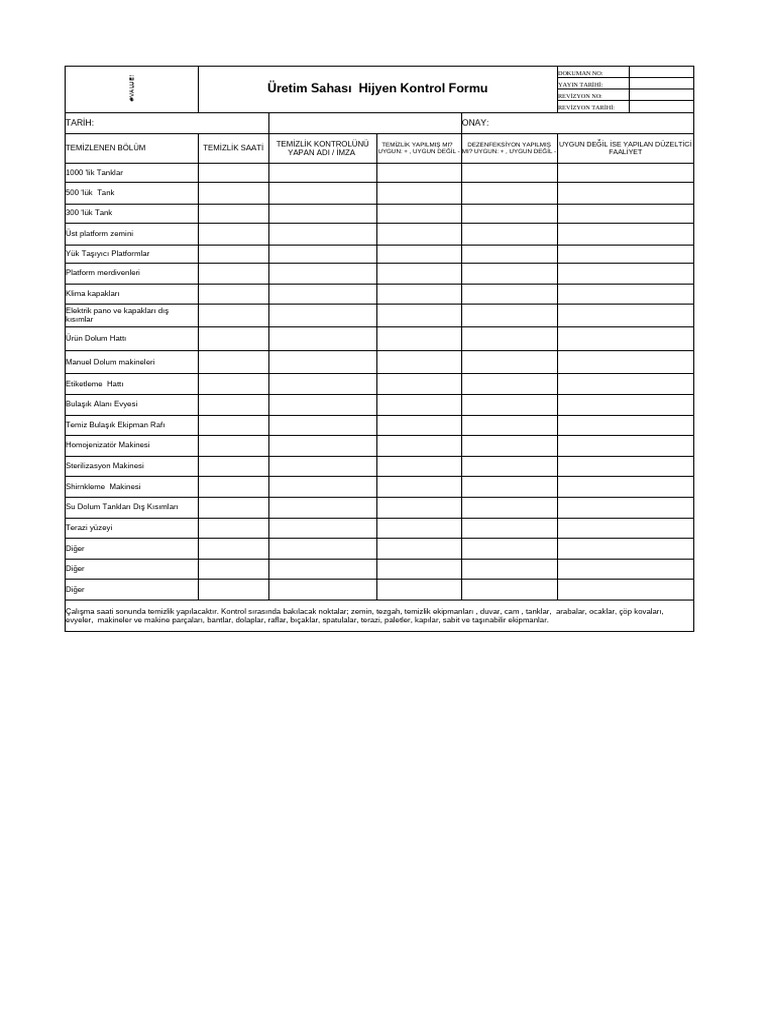 Üretim Sahası Hijyen Kontrol Formu | PDF