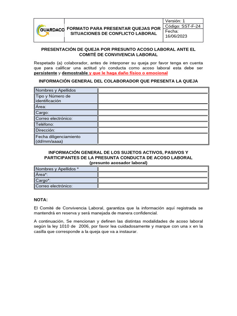 SST-F-34 Formato para Presentar Queja Por Presunto Acoso Laboral | PDF ...