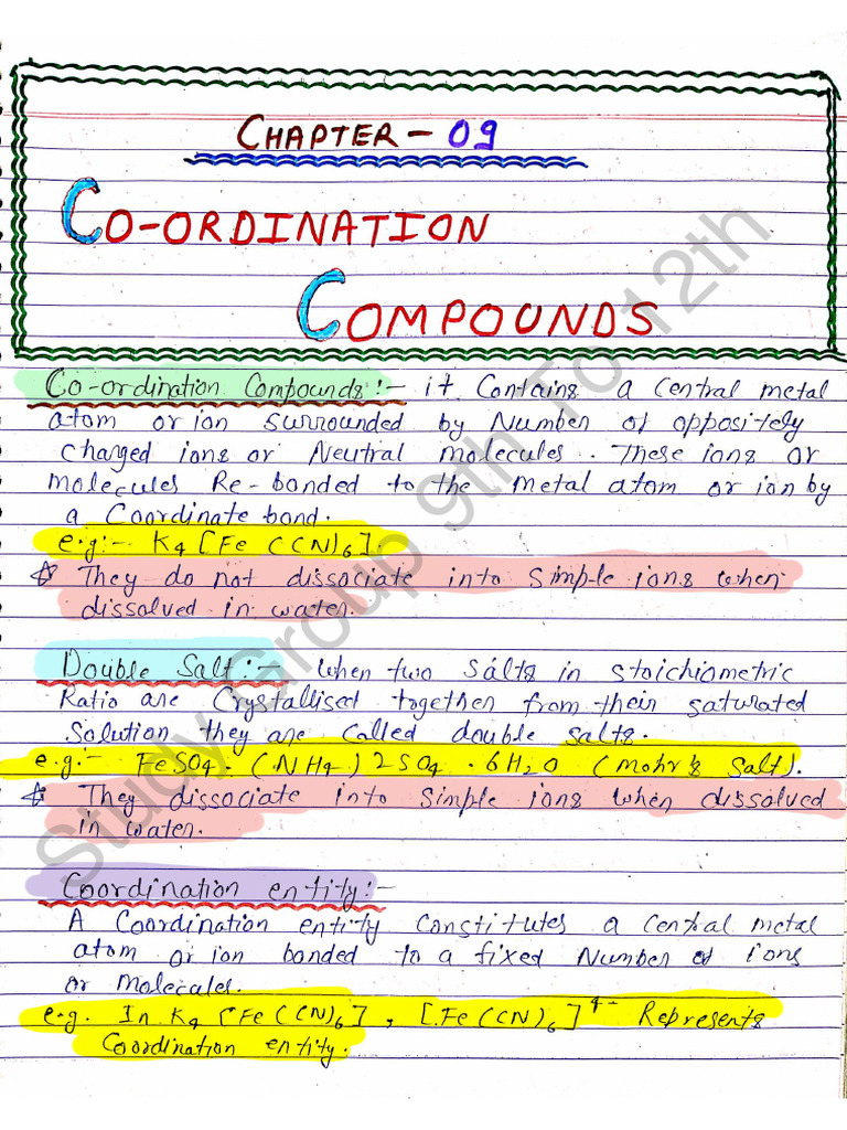 Chapter 9 COORDINATION COMPOUNDS Class 12 Chemistry Handwritten PDF ...
