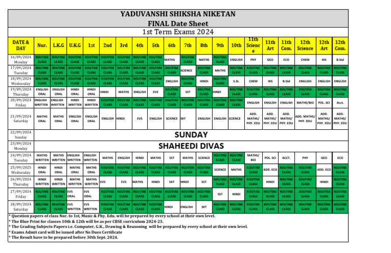 Final Date Sheet - 1st Term 16-09-2024 | PDF | Educational Stages ...