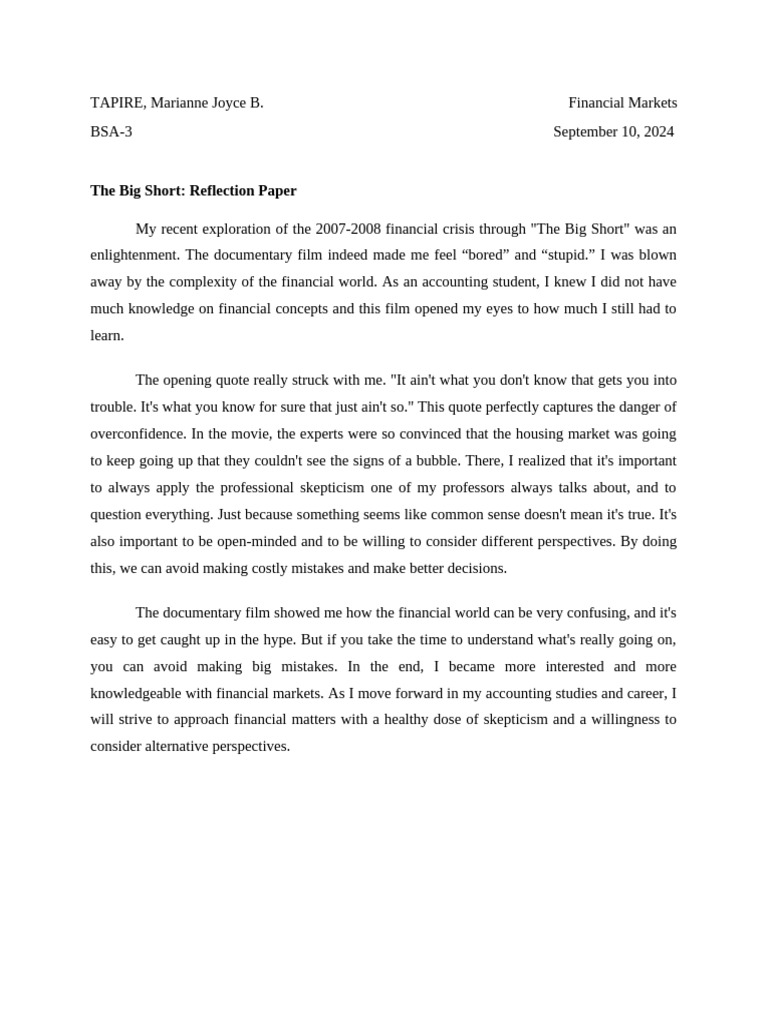 The Big Short Reflection Paper | PDF
