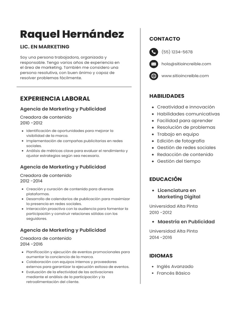 Currículum Vitae CV de Marketing Minimalista Blanco y Negro | PDF ...