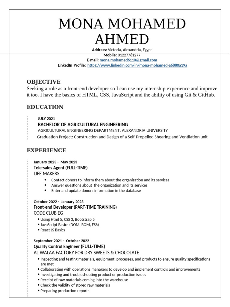 Mona Mohamed Front End Developer CV July 2023 1688516799 | PDF | Java Script | Bootstrap (Front ...