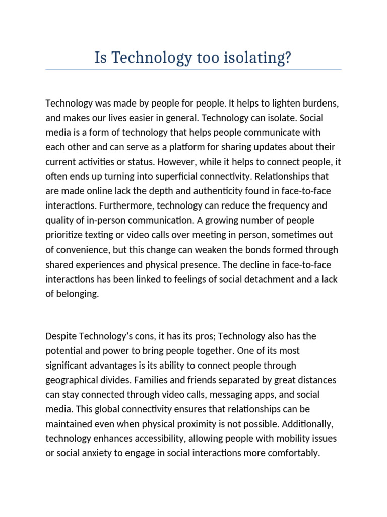 Is Technology Too Isolating | PDF