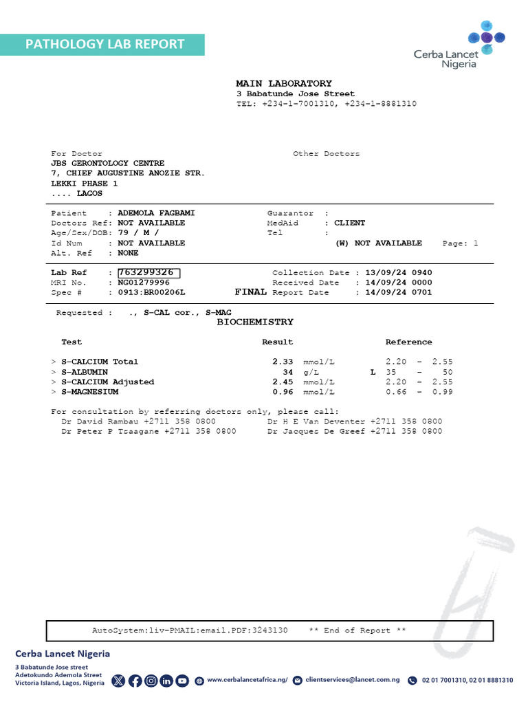 Pathology Lab Report: Main Laboratory | PDF