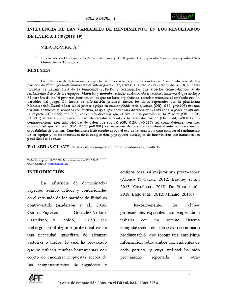 Influencia de Las Variables de Rendimiento en Los Resultados de Laliga ...