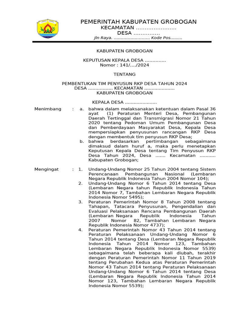SK Tim Penyusun RKP Desa 2024 | PDF