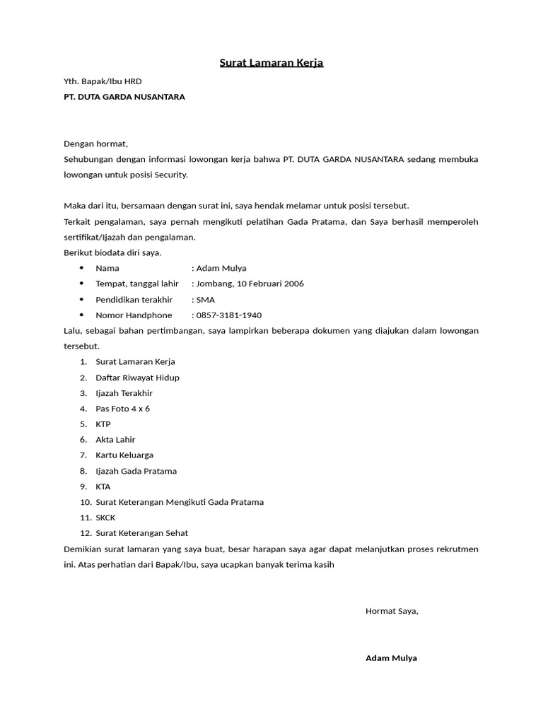 Lamaran Security PT. Duta Garda | PDF