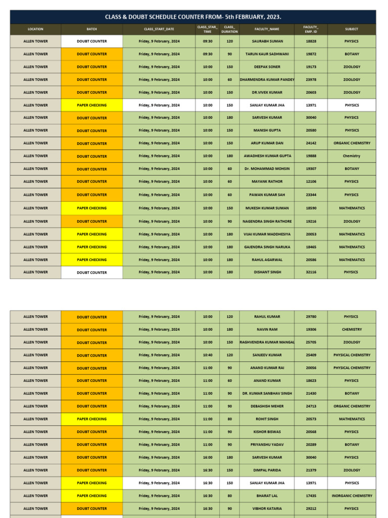 Class Schedule for Doubt Counters | PDF