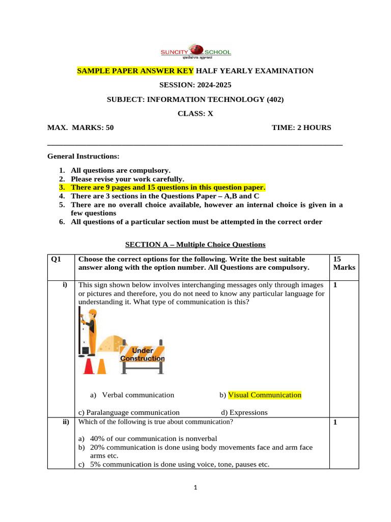 SAMPLE PAPER - IT402 - AnswerKey - GradeX - HalfYearlyExamination - 24 - 25 | PDF | Spreadsheet ...