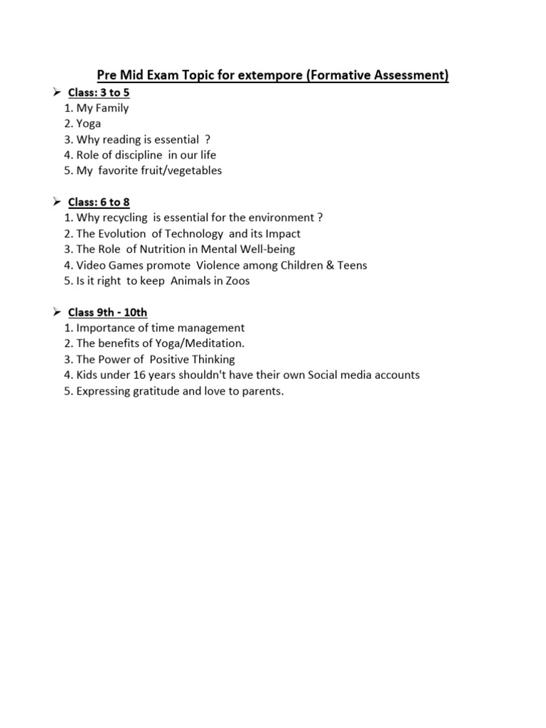 Pre Mid Exam Topic For Extempore | PDF