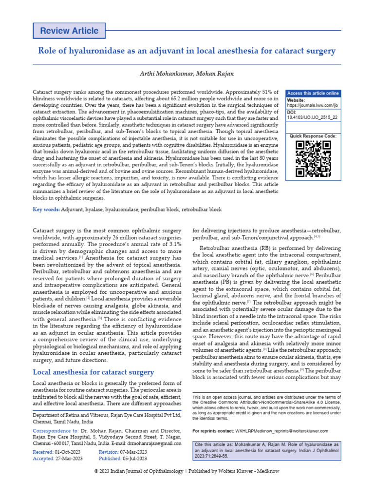 Role of Hyaluronidase As An Adjuvant in Local.7 | PDF | Anesthesia | Clinical Medicine