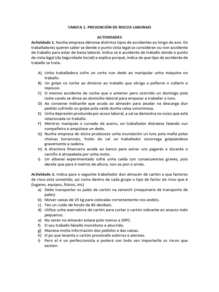 Tarefa 1. Prevención de Riscos Laborais | PDF