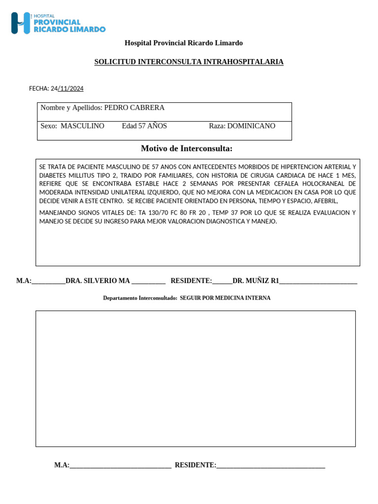 Interconsulta Hospitalaria para Pedro Cabrera | PDF