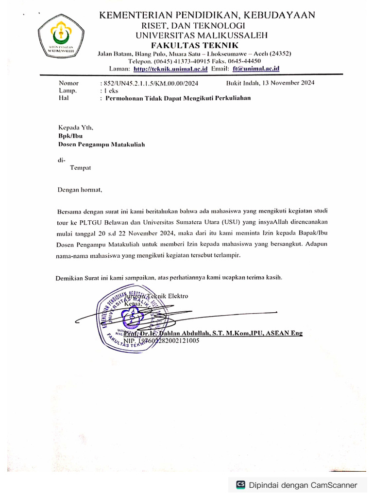 Surat Permohonan Tidak Dapat Mengikuti Perkuliahan | PDF