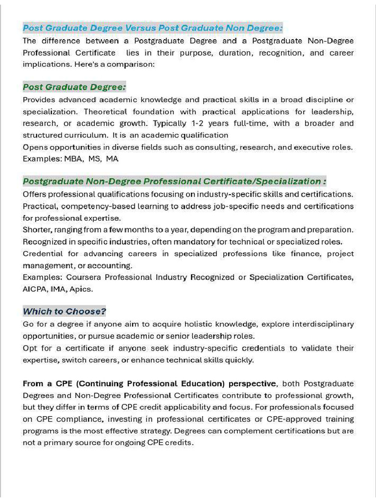 Post Graduate Degree Vs Post Graduate Non Degree | PDF