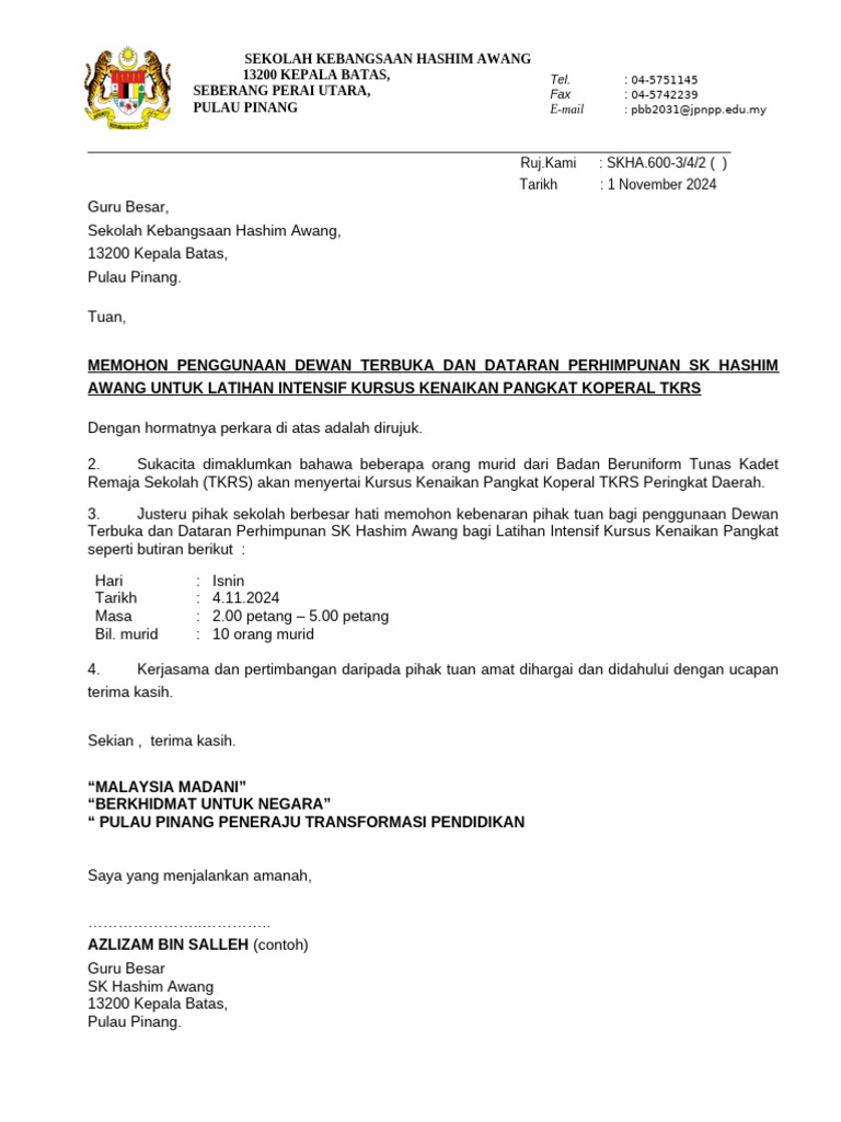 Surat Memohon Penggunaan Kawasan Sekolah | PDF