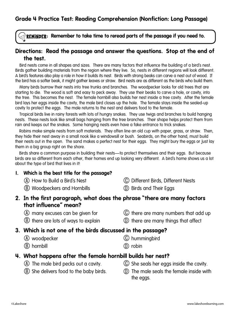 Practice Test Grade 4 | PDF | Birds | Ornithology