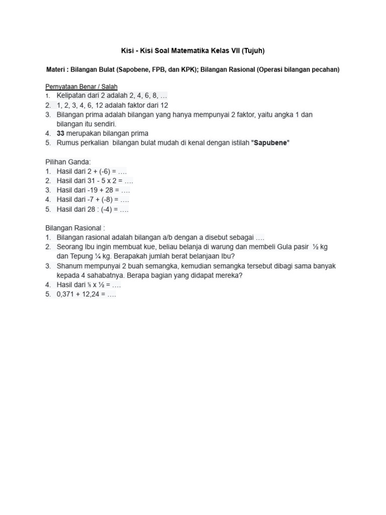 Kisi - Kisi Soal Matematika Kelas VII (Tujuh) | PDF
