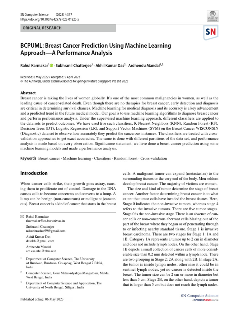 BCPUML Breast Cancer Prediction Using Machine Learning Approach—a ...