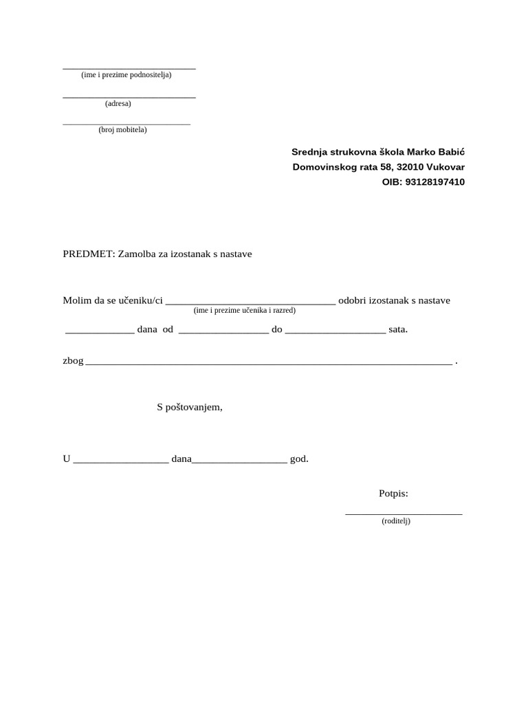 Obrazac-zamolbe-roditelja-za-izostanak-ucenika-s-nastave (1) | PDF