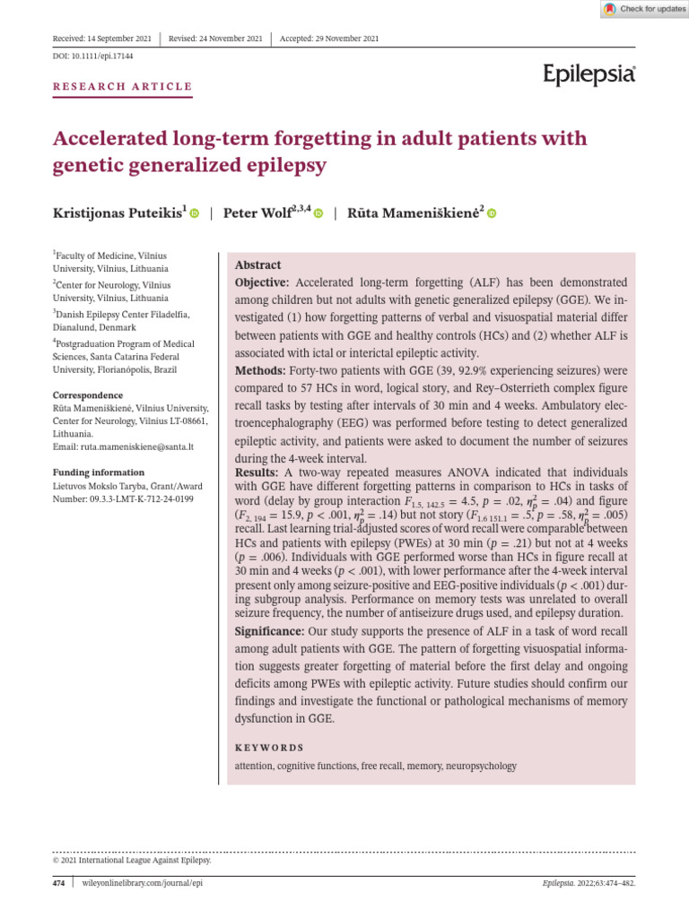 Epilepsia - 2021 - Puteikis - Accelerated long%E2%80%90term forgetting ...
