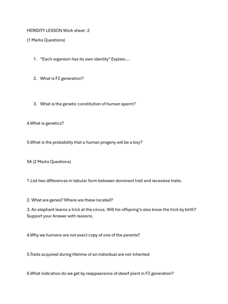 HERIDITY LESSON Work sheet -2 | PDF