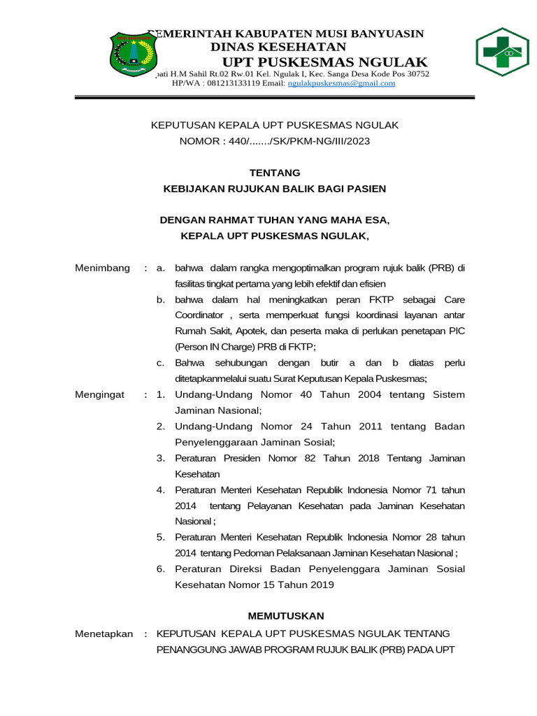 SK Peserta Rujuk Balik (PRB) PKM Ngulak | PDF