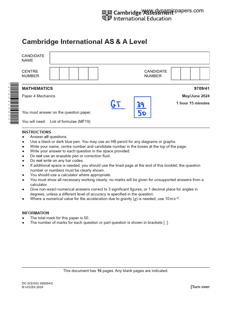 Mechanics Paper 4: May/June 2024 | PDF | Force | Applied And Interdisciplinary Physics