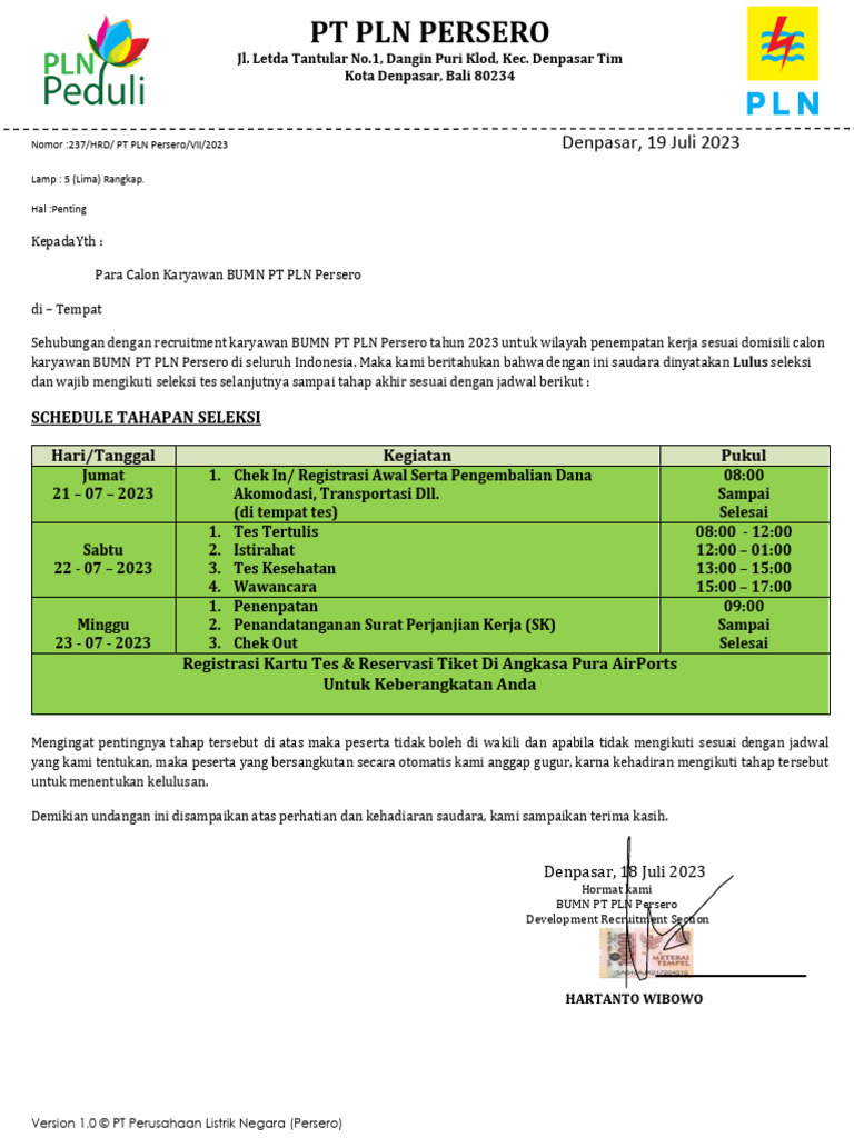 Undangan Tes Rekrutmen PLN | PDF