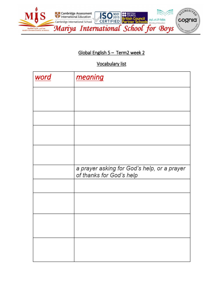 Term 2 week 2 vocabulary list | PDF