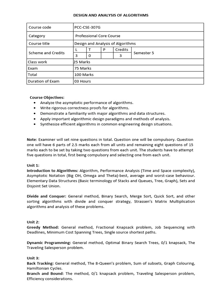 DAA Syllabus | PDF | Algorithms | Computer Programming