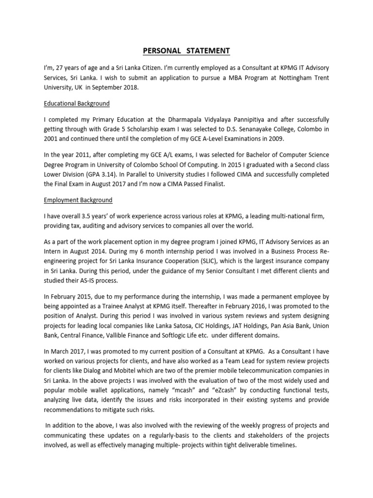 Sample Personal Statement - MBA - NTU | PDF | Master Of Business ...