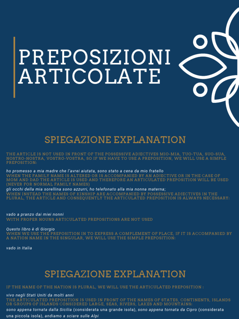 Italian Prepositions Guide | PDF | Plural | Preposition And Postposition