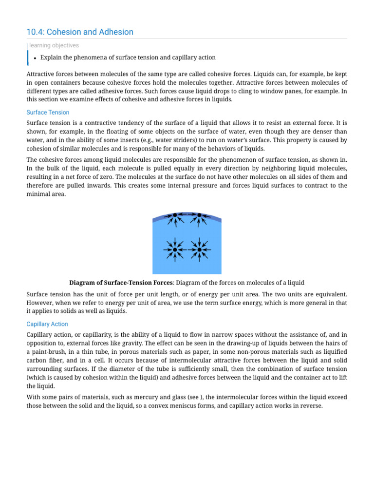 10.4 - Cohesion and Adhesion - Physics LibreTexts | PDF | Liquids ...