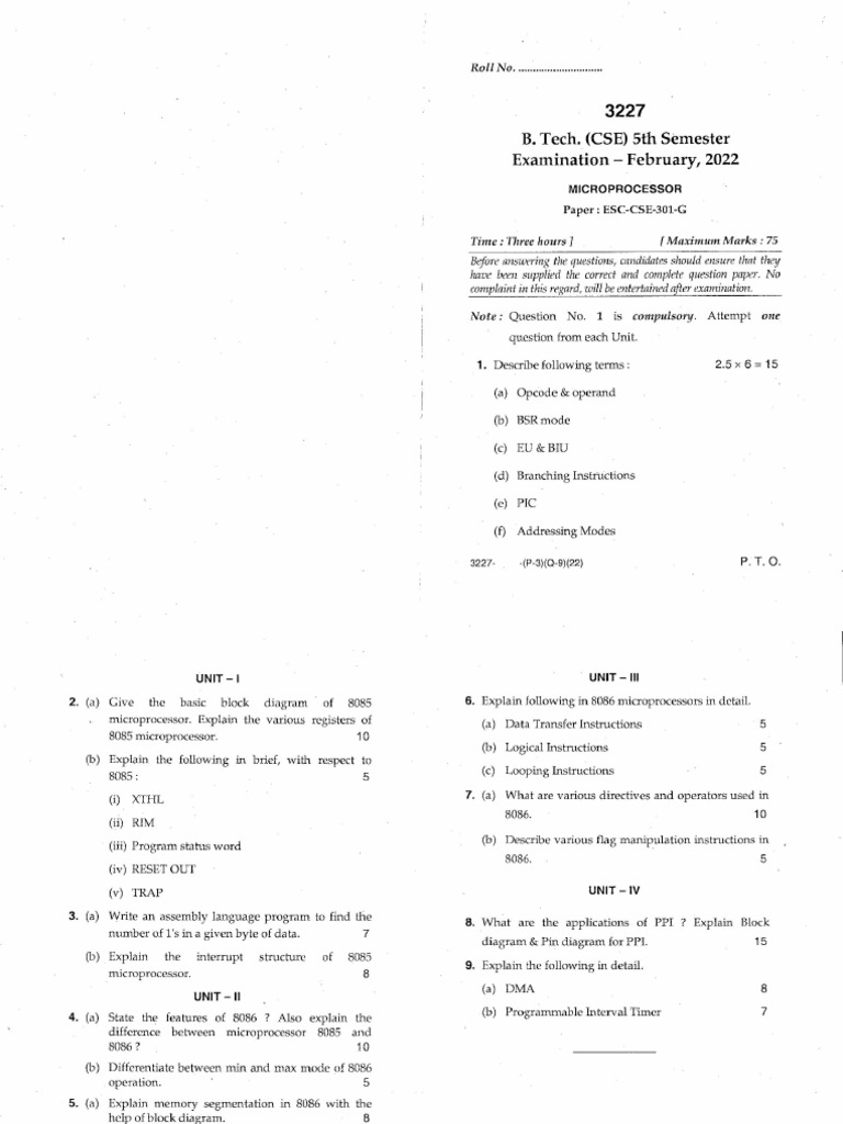 btech cse 5th sem feb 2022 microprocessor 3227 | PDF