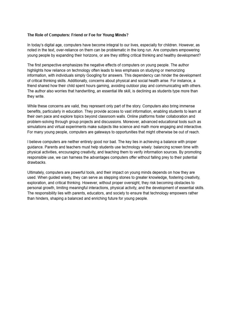 The Role of Computers - Friend or Foe For Young Minds | PDF | Critical ...