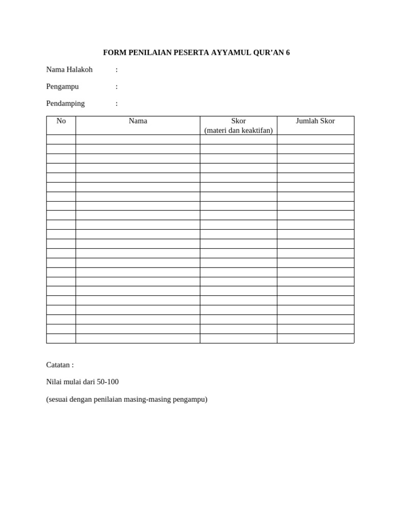 Form Penilaian Peserta | PDF